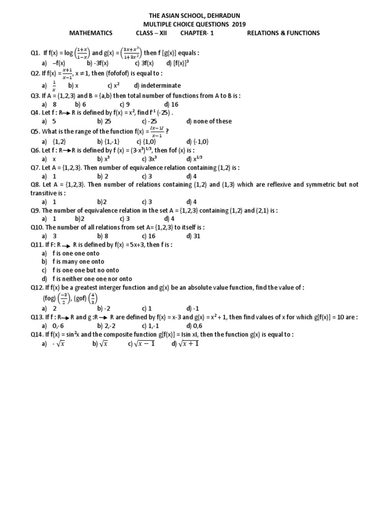 MCQs For Class XII Maths | PDF | Matrix (Mathematics) | Equations