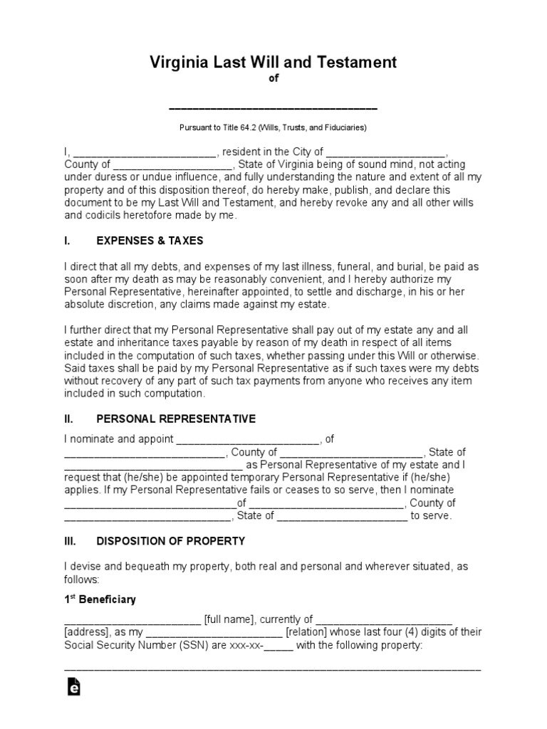 Virginia Last Will and Testament Template | PDF | Will And Testament ...