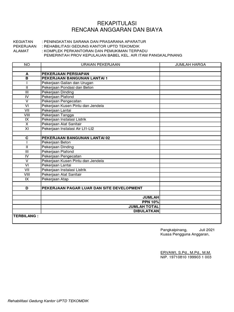 1aBoQ Rehabilitasi Gedung Kantor UPTD TEKOMDIK Rekapitulasi RAB | PDF