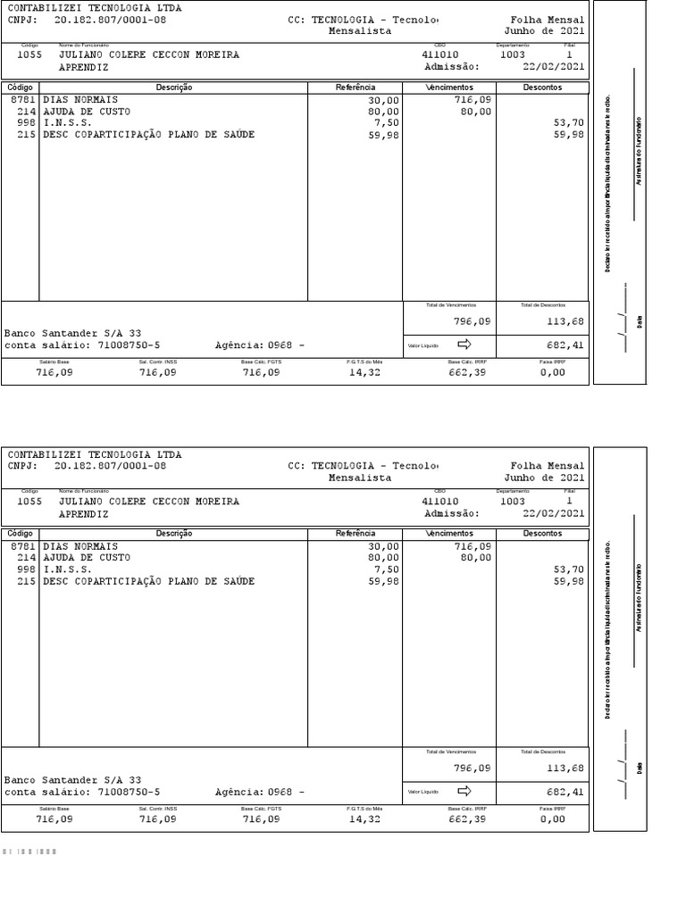 Holerite - Parcela Única - Junho 2021 | PDF