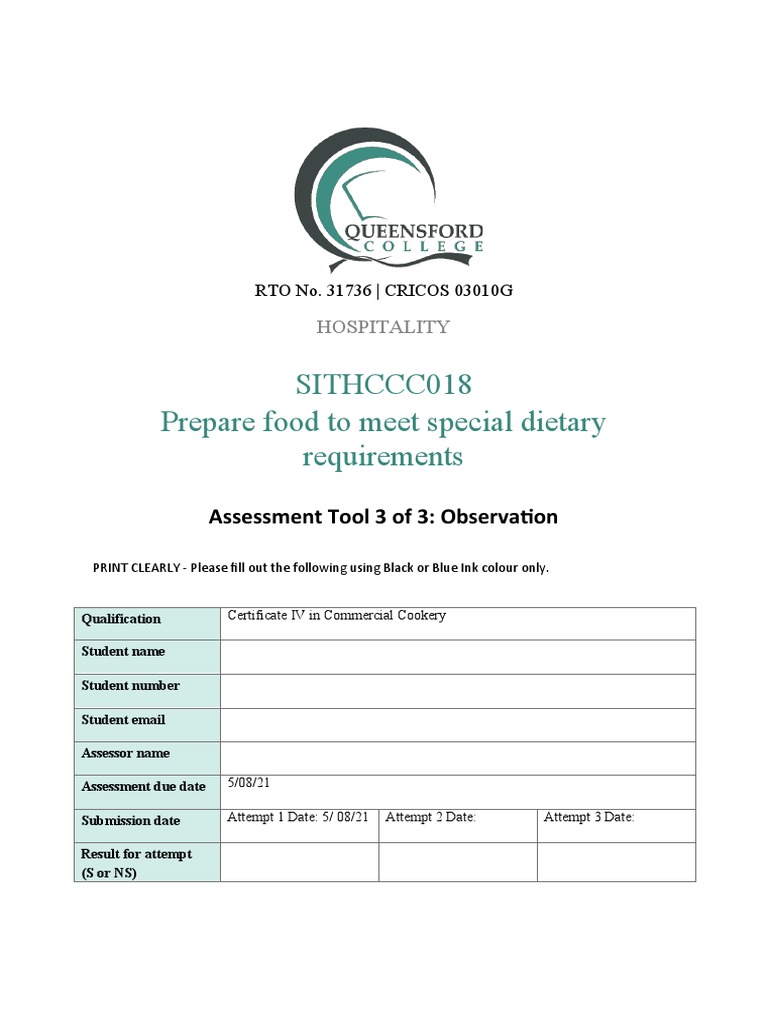 SITHCCC018 AT3 of 3 Observation | PDF | Foods | Diet (Nutrition)