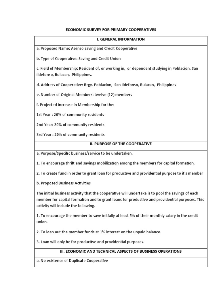 Economic Survey For Primary Cooperatives I. General Information | PDF ...
