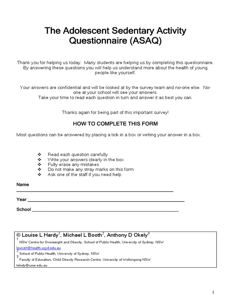 The Adolescent Sedentary Activity Questionnaire (ASAQ) : How To ...