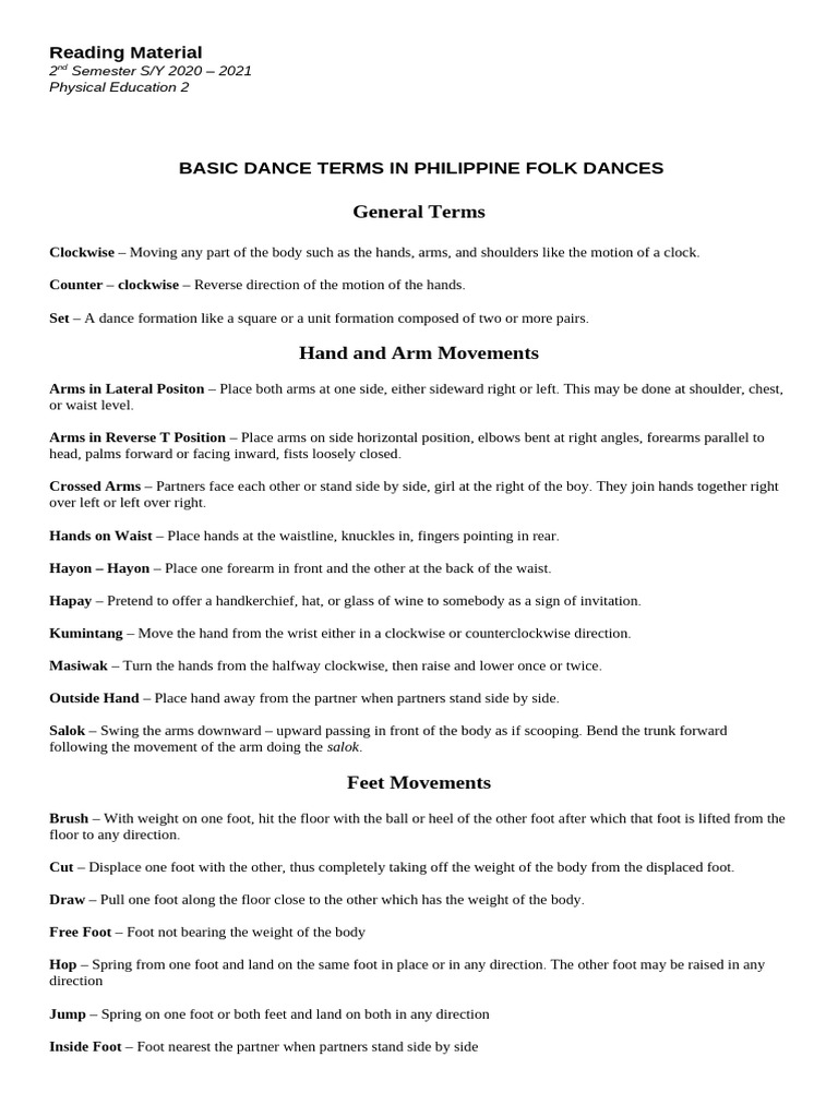 Basic Dance Terms in Philippine Folk Dances | PDF | Foot | Hand