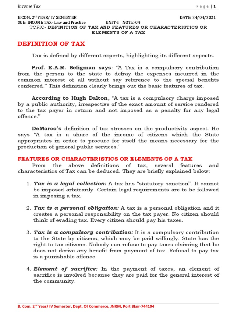 Note 04 Definition of Tax and Features or Characteristics or Elements ...