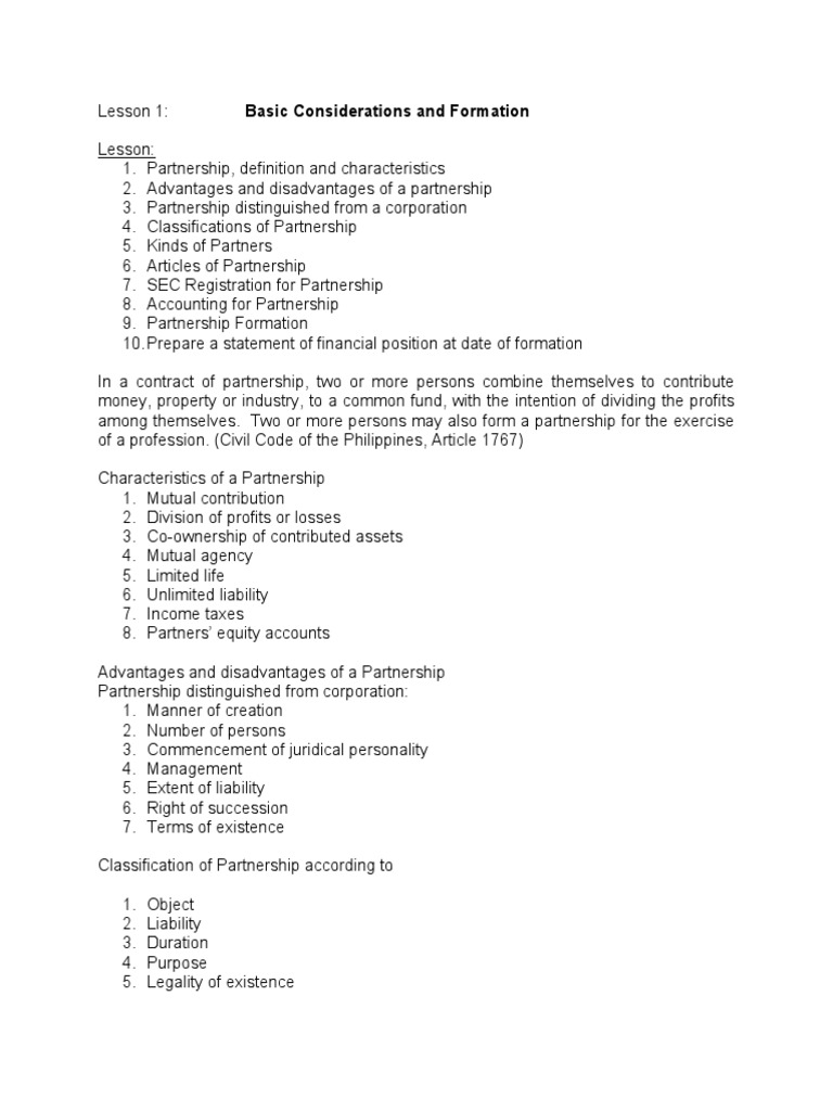Lesson 1 - Basic Consideration and Formation | PDF | Partnership | Balance Sheet