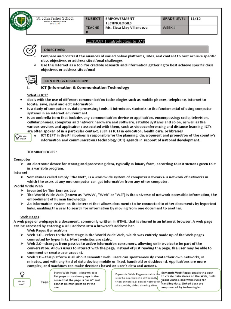 I. ICT (Information & Communication Technology: LESSON 1: Introduction ...