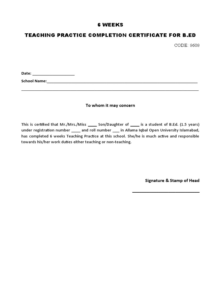 6 Weeks Teaching Practice Completion Certificate For B Pdf