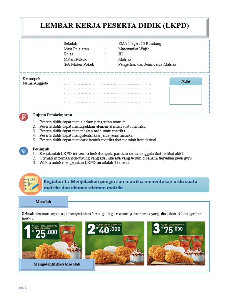 LKPD Pengertian Dan Jenis-Jenis Matriks | PDF