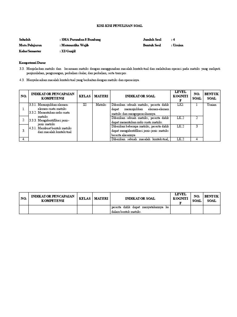 Evaluasi Pengertian Dan Jenis-Jenis Matriks | PDF