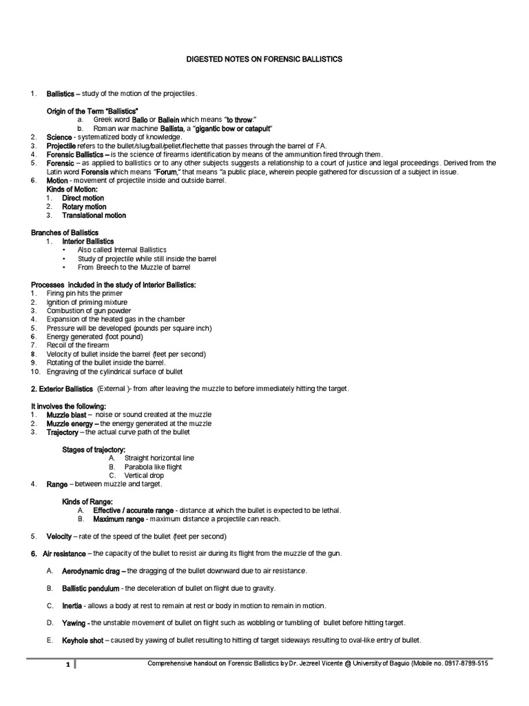 Comprehensive Handout On Forensic Ballistics by Dr. Jezreel Vicente at ...