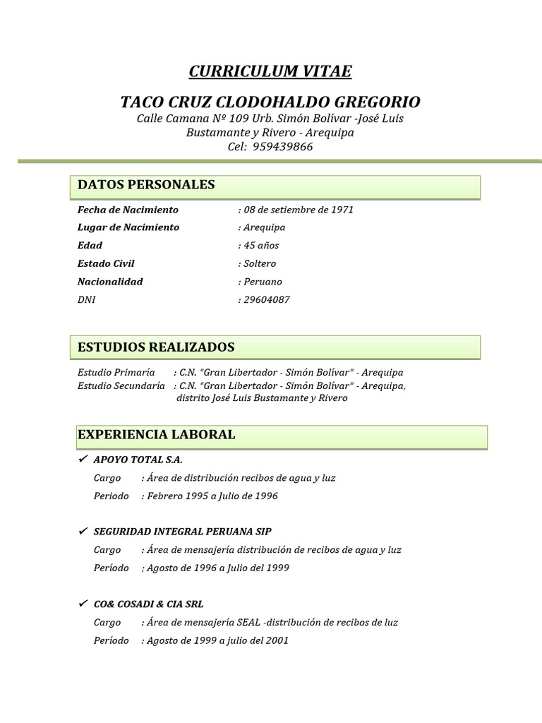 Curriculum Vita Taco Cruz Clodohaldo Gregorio | PDF | Derecho