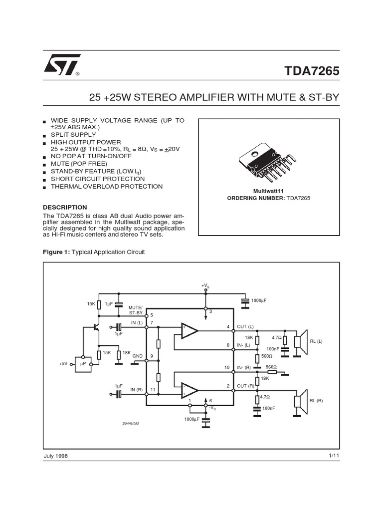 25 +25W Stereo Amplifier With Mute & St-By: Description | PDF ...