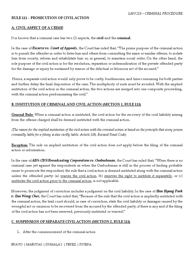 Rule 111 - Prosecution of Civil Action | PDF | Prosecutor | Crime ...