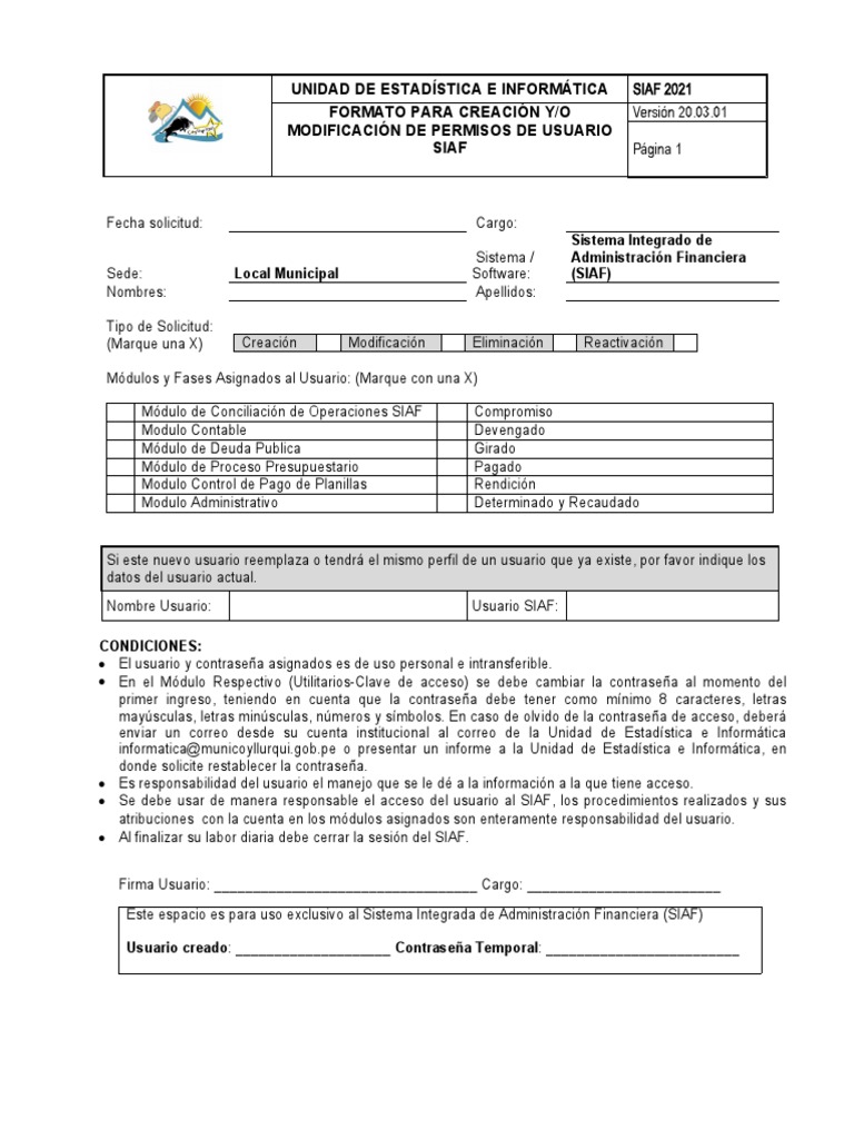 Formato SIAF N1 | PDF | Usuario (informática) | Contraseña