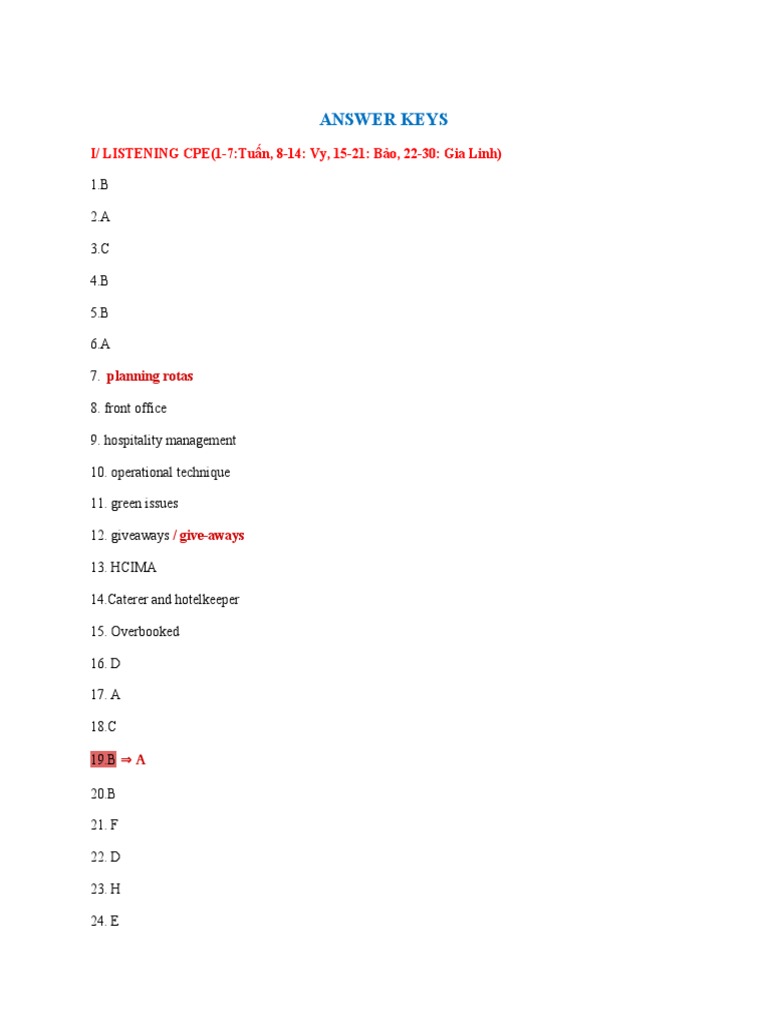 Answer Keys: I/ LISTENING CPE (1-7:Tuấn, 8-14: Vy, 15-21: Bảo, 22-30: Gia Linh) | PDF | Teaching ...