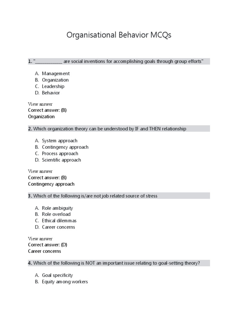 Organizational Behavior MCQs and Answers | PDF | Organizational ...