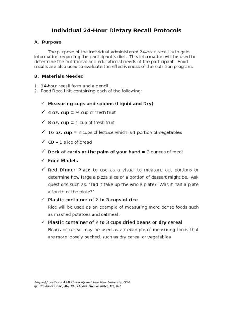 Individual 24 Hour Food Recall | Eating | Foods