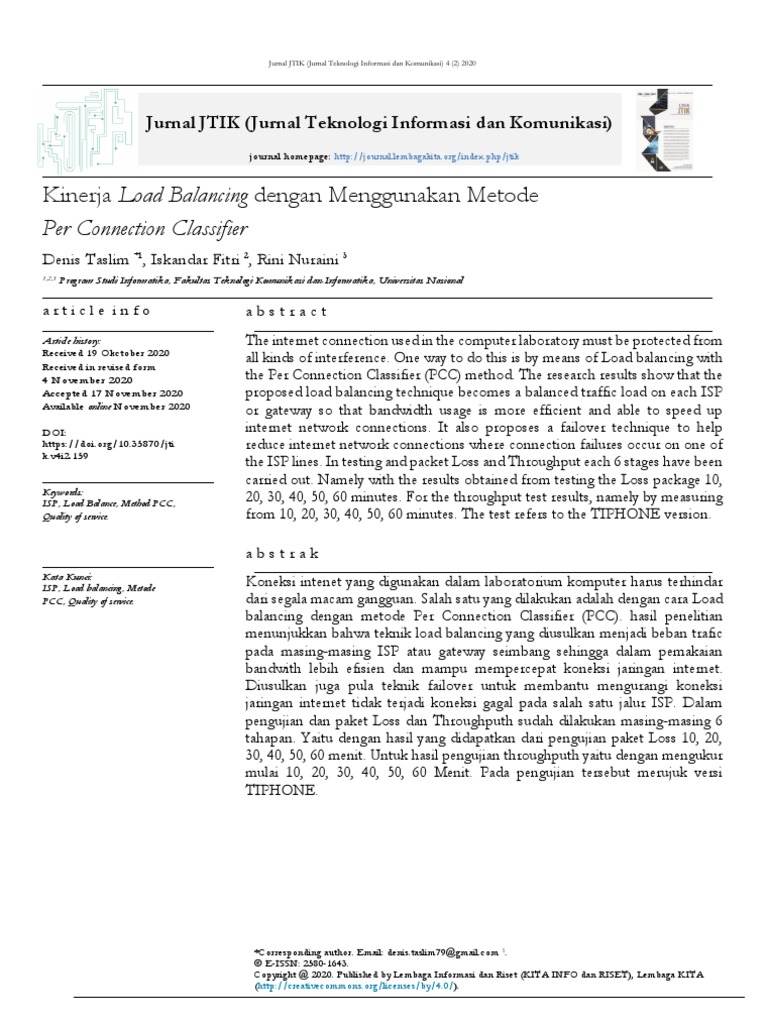 Kinerja Load Balancing Dengan Menggunakan Metode Per Connection Classifier | PDF