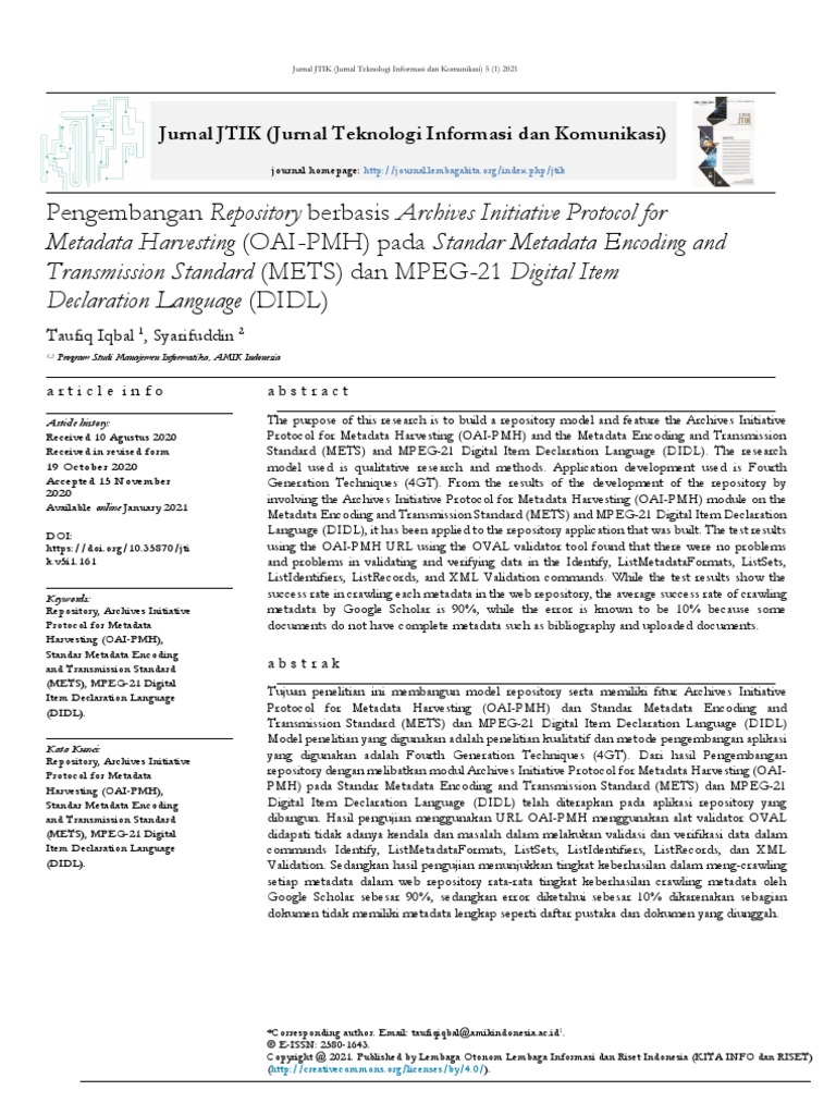Pengembangan Repository Berbasis Archives Initiative Protocol For Pdf Metadata Data Komputer