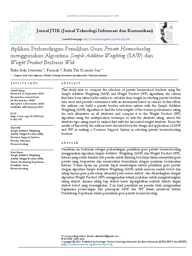 Aplikasi Perbandingan Pemilihan Guru Private Homeschooling Menggunakan ...
