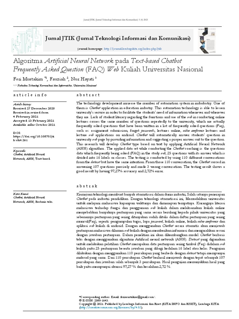 Algoritma Artificial Neural Network Pada Text-Based Chatbot Frequently Asked Question (FAQ) Web ...