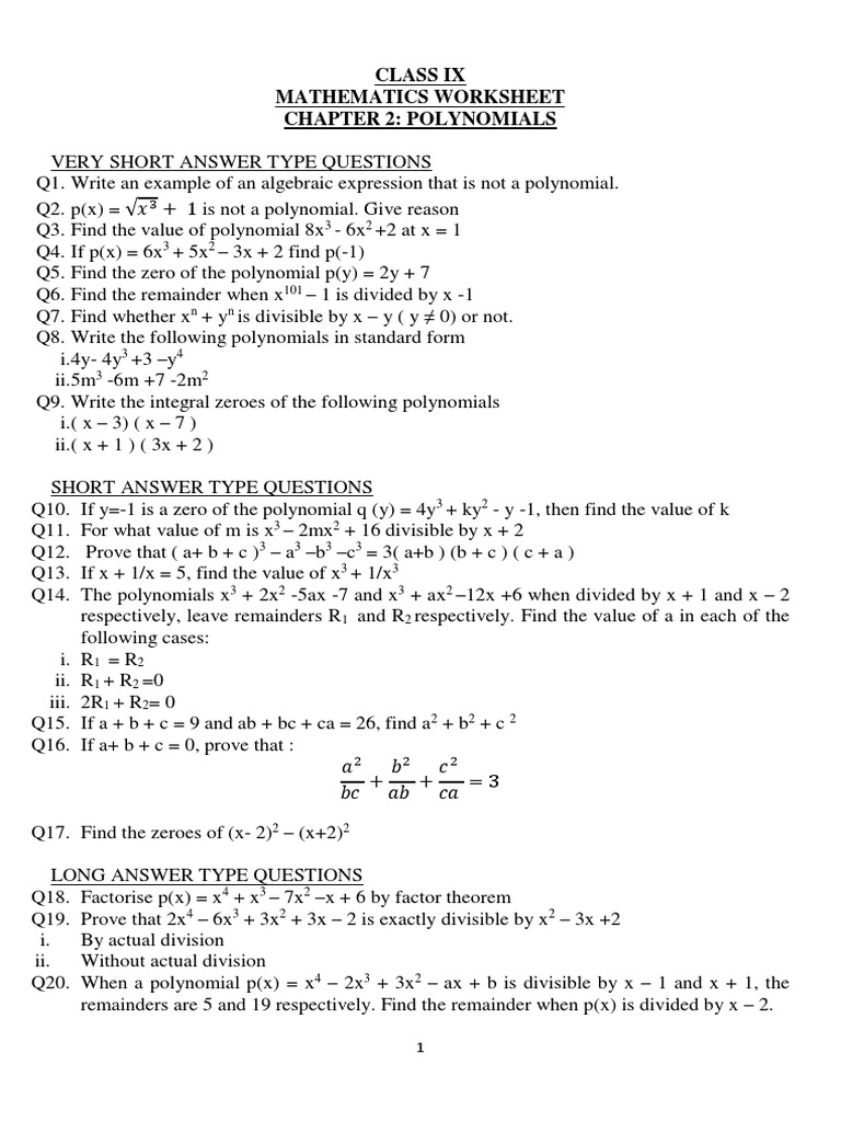 Class Ix Mathematics Worksheet Chapter 2: Polynomials | PDF ...