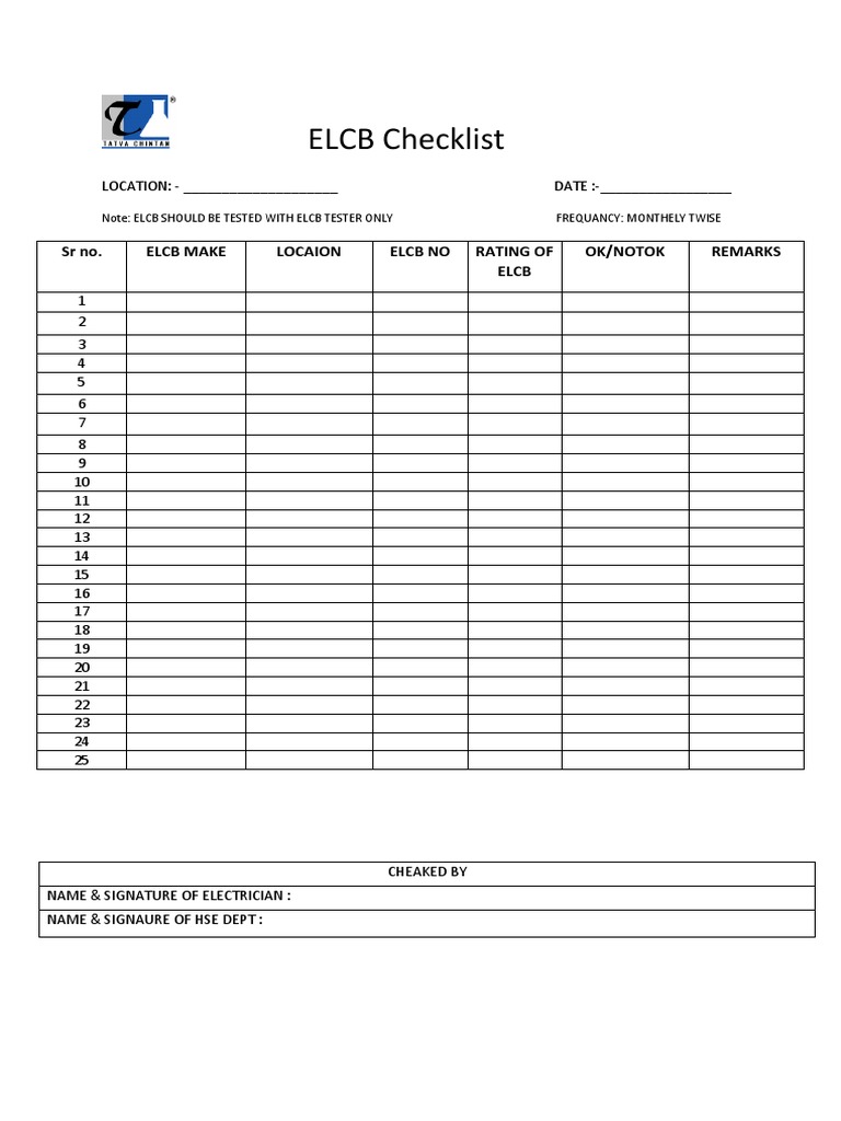 ELCB Checklist: SR No. Elcb Make Locaion Elcb No Rating of Elcb Ok ...
