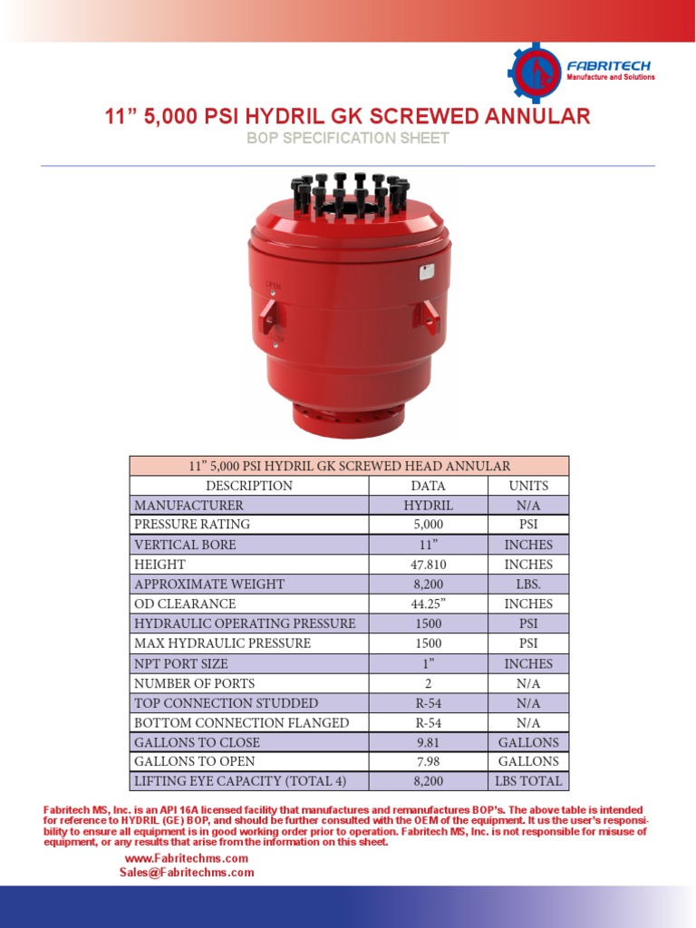 11 5000 Hydril GK Screwed Annular Bop Spec Sheet | PDF