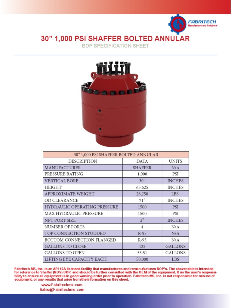 30 1000 Shaffer Bolted Annular Bop Spec Sheet | PDF
