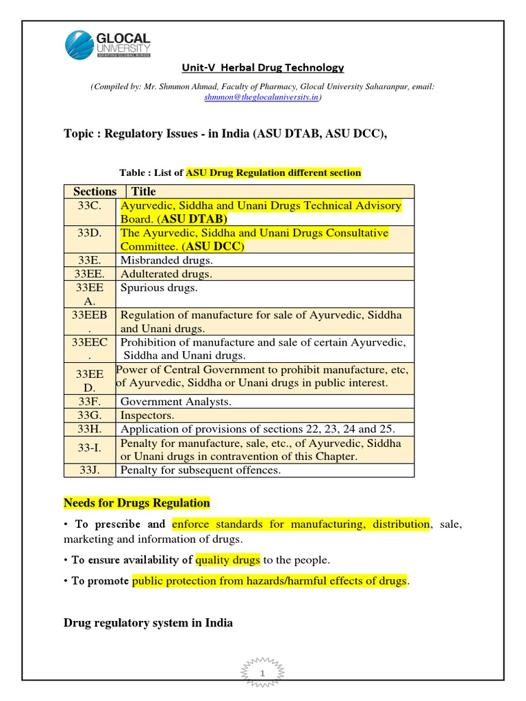 Unit-V Herbal Drug Technology: Table: List of ASU Drug Regulation ...
