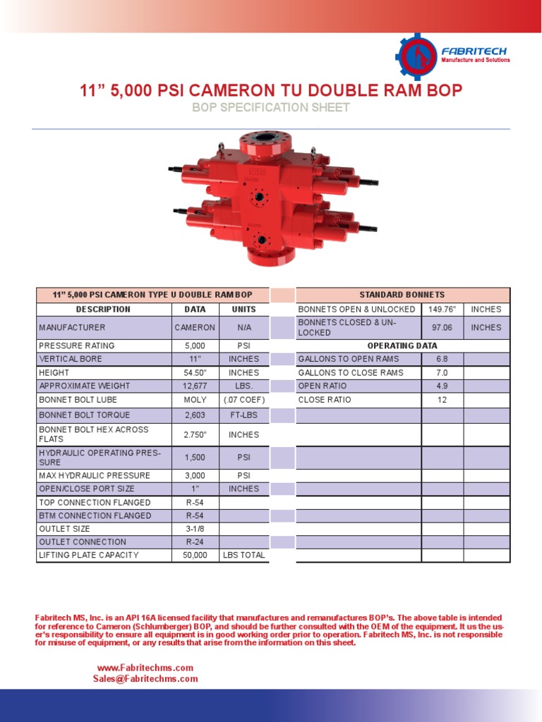 11 5000 Cameron Double Ram Bop STD Bonnets Spec Sheet | PDF