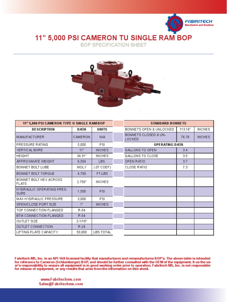 11 5000 Cameron Single Ram Bop Standard Bonnets Spec Sheet | PDF