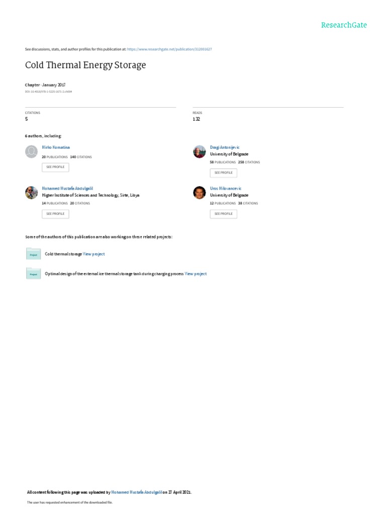 Cold Thermal Energy Storage: January 2017 | PDF | Ice | Heat Exchanger