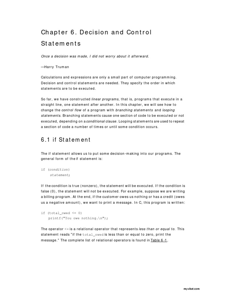 Chapter 6 Decision And Control Statements 6 1 If Statement Pdf Control Flow Computer