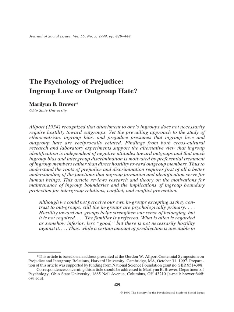 The Psychology of Prejudice: Ingroup Love or Outgroup Hate?: Marilynn B ...