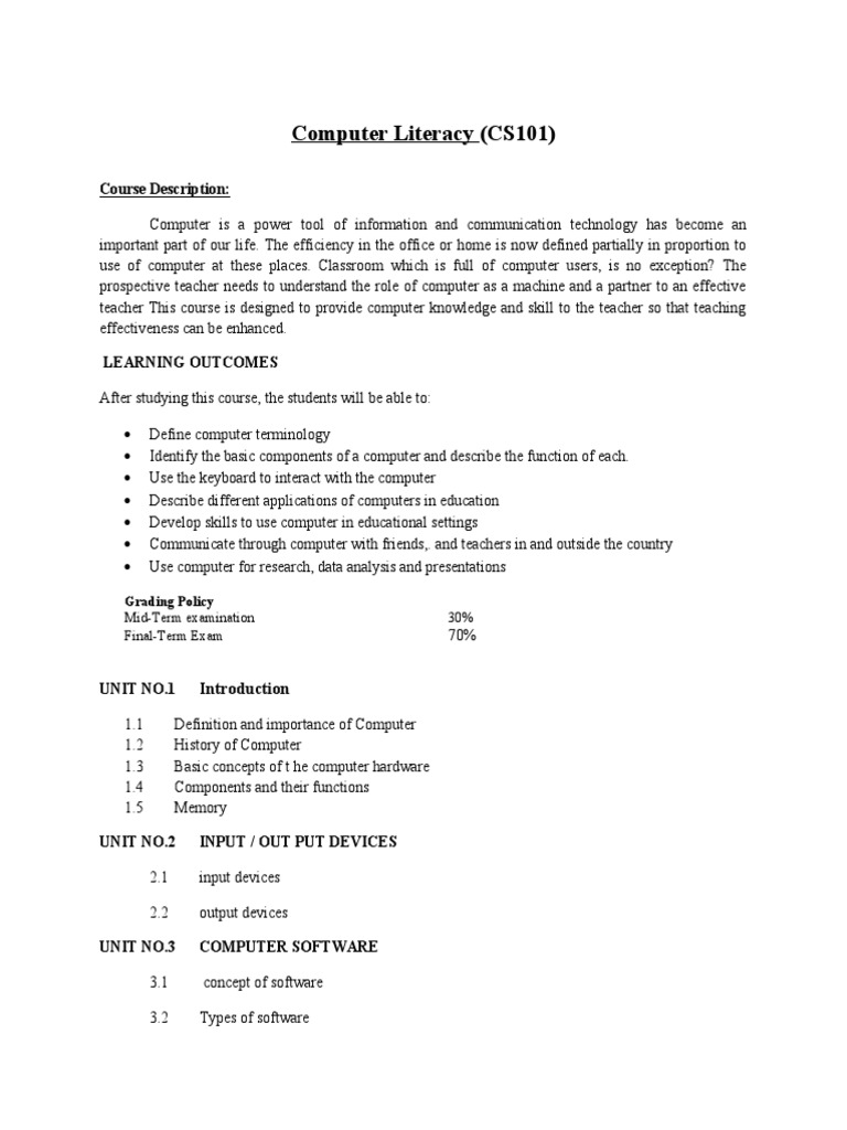 Computer Literacy CS 101 | PDF | Input/Output | Teachers