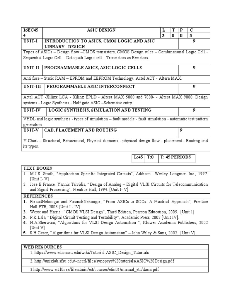 16EC454 ASIC Design Syllabus | PDF | Field Programmable Gate Array | Computer Engineering