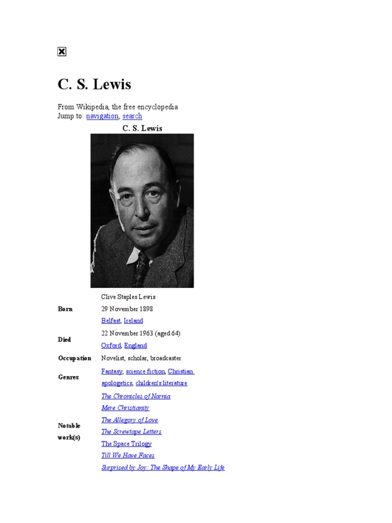 C. S. Lewis: From Wikipedia, The Free Encyclopedia Jump To | PDF | C. S ...
