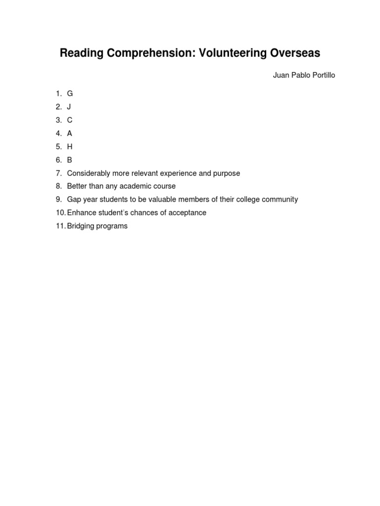 Reading Comprehension Volunteering Overseas - Juan Pablo Portillo | PDF ...
