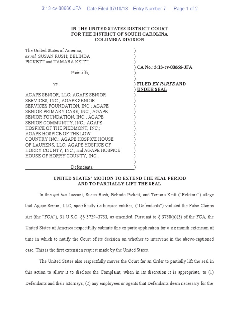 (D.E. 7, 7-1) U.S. 1st Motion & Memo To Extend Seal, Rush V Agape 13 ...