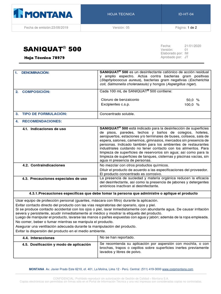 Hoja de Seguridad Saniquat 500 | PDF | Agua | Residuos