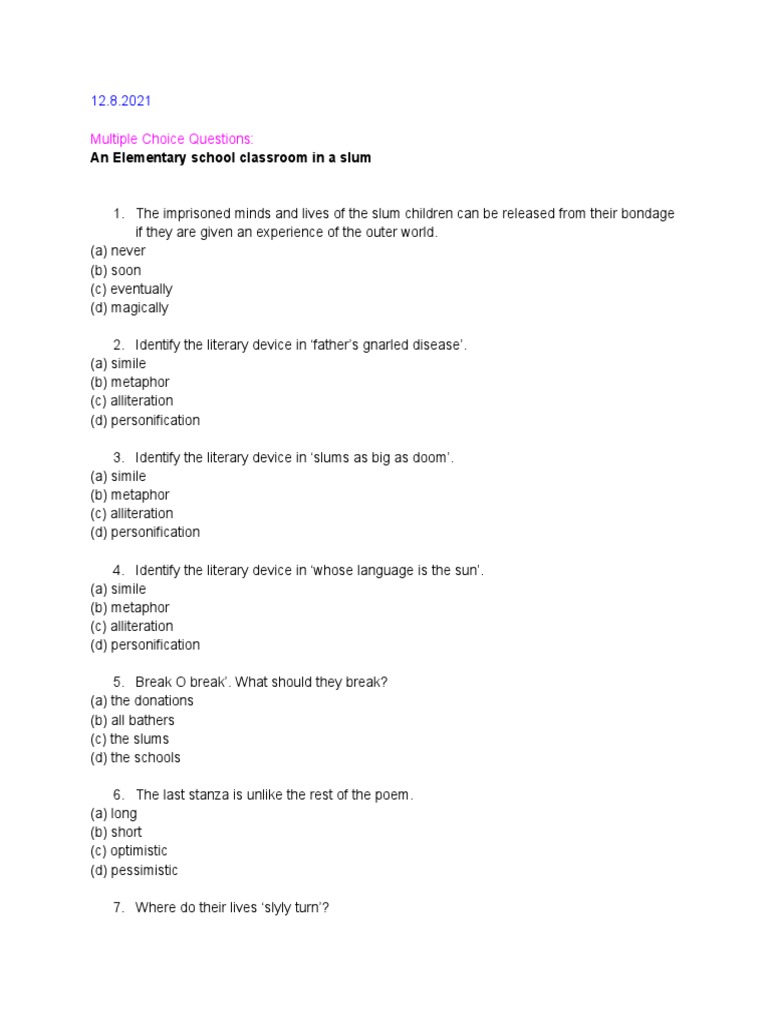 An Elementary School Classroom in A Slum: Multiple Choice Questions | PDF