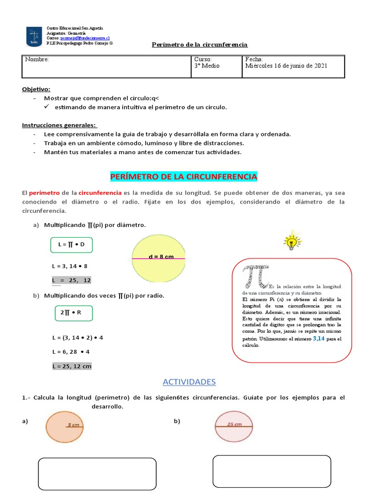 Guía Perímetro de La Circunferencia | PDF | Pi | Conceptos matemáticos