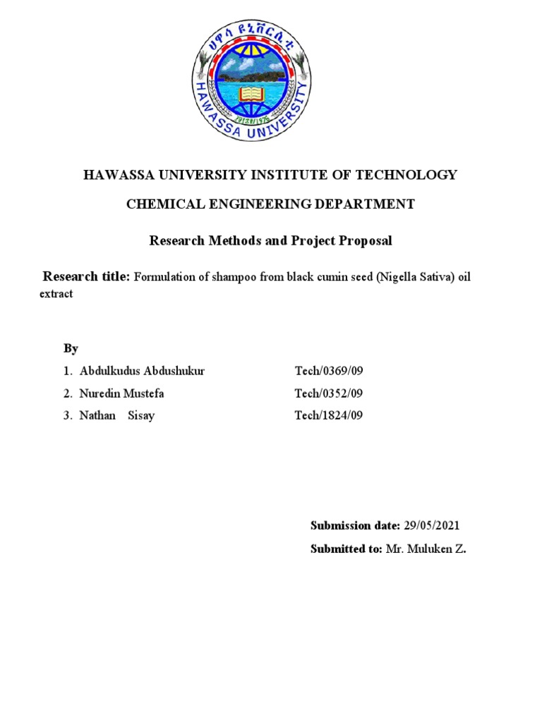 Hawassa University Institute of Technology Chemical Engineering ...