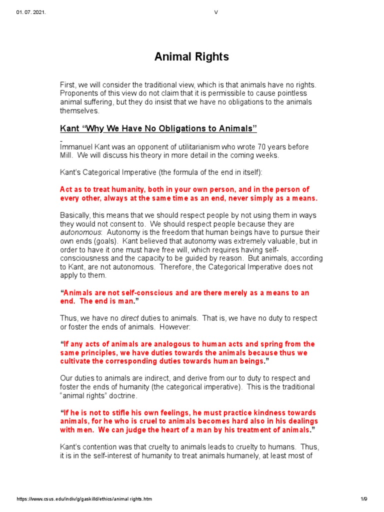 Animal Rights: Kant "Why We Have No Obligations To Animals" | PDF ...