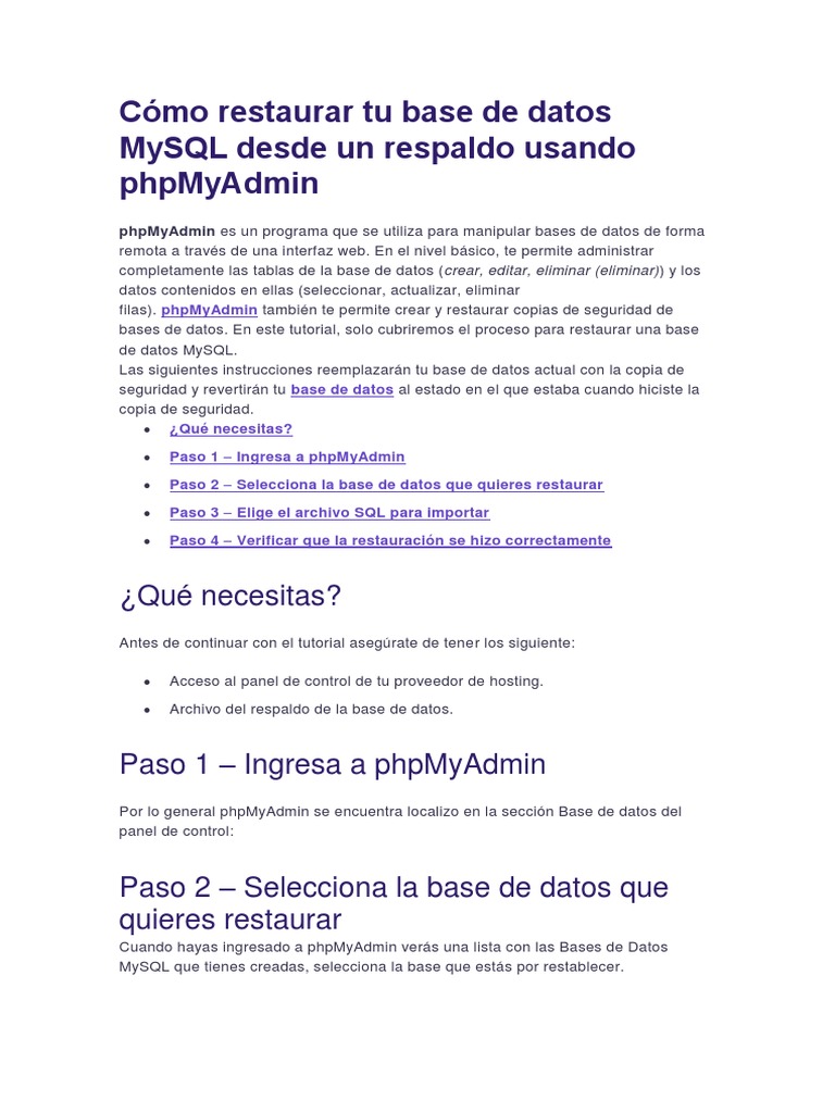 Cómo Restaurar Tu Base de Datos MySQL Desde Un Respaldo Usando phpMyAdmin | PDF | Mi sql | Bases ...