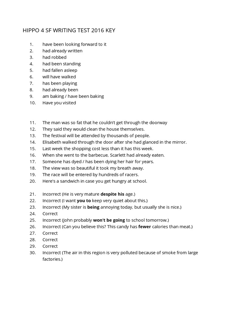 Hippo 4 Writing 2016 Key | PDF