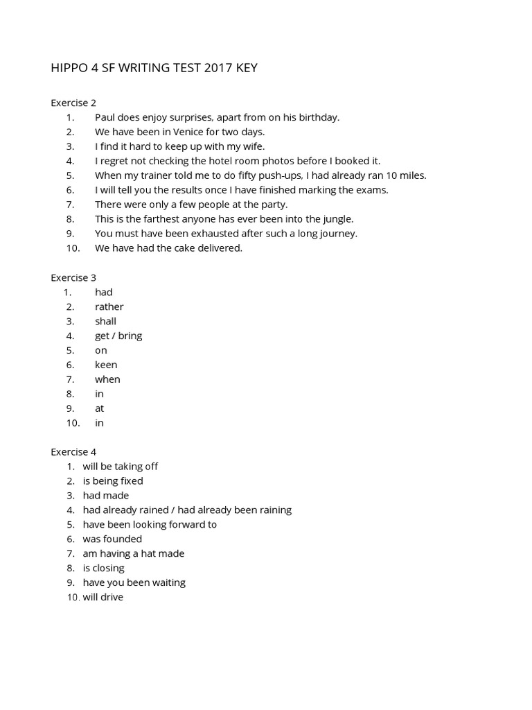 HIPPO 4 SF Writing Test 2017 Key | PDF