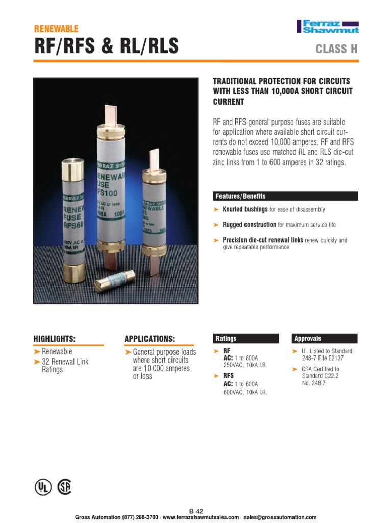 Rf/Rfs & RL/RLS: Class H | PDF | Fuse (Electrical) | Power Engineering